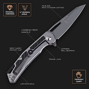 SHIELDON Barraskewda Folding Knife 3.74" Gray Titanium Coating D2 Steel Reverse Tanto Point Blade Stainless Steel and Carbon Fiber Handle Frame Lock Pocket Knife