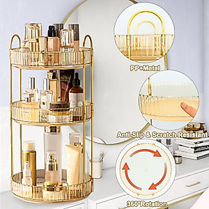 Dexspoeny 360° Rotating Makeup Organizer,Bathroom Make Up Spinning Holder Rack,Large Capacity Cosmetics Storage Vanity Shelf Countertop,Make Up Organizers and Rotary Storage (3 Tiers,Gold)