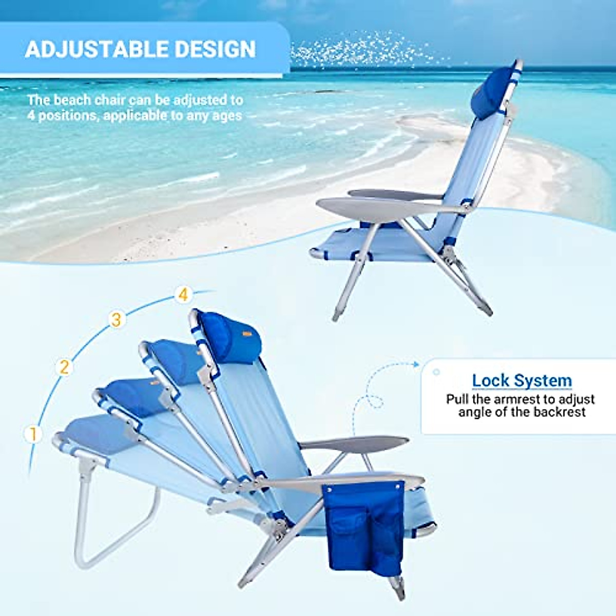 #WEJOY Aluminum Folding Beach Chairs Lightweight Portable Beach Chair Adjustable Lay Flat 4-Position Low Profile Lawn Chairs for Concerts, Sand, Camping Outdoor Chairs with Backpack Strap, Lightblue