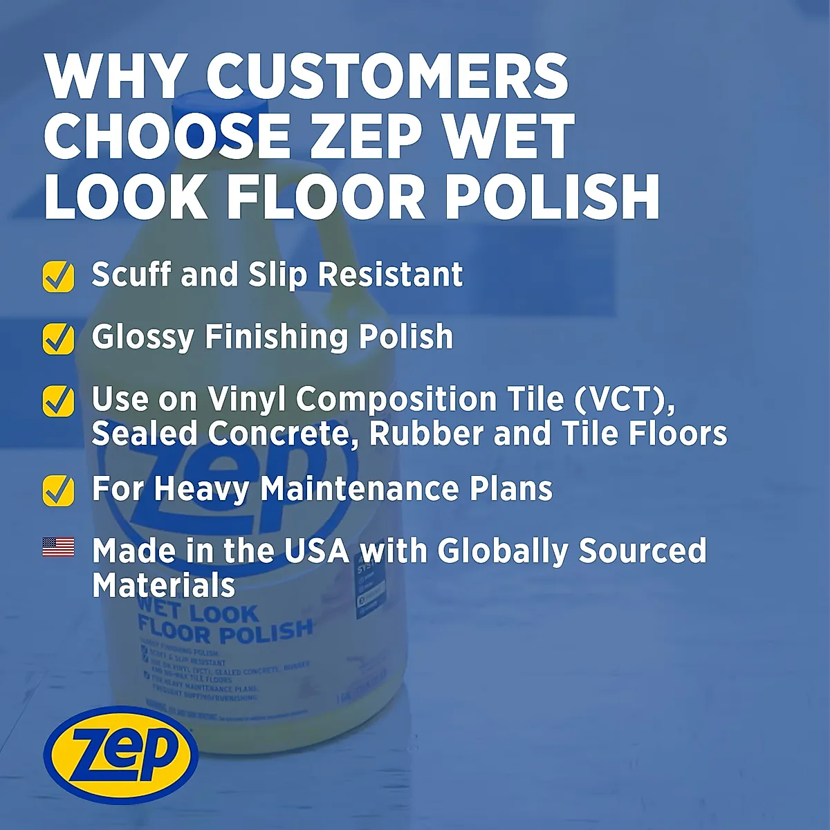 Zep Wet Look Floor Polish - 1 Gallon (Case of 2) ECZUWLFF1282 - Long Lasting Glossy Finishing Polish, Scuff & Slip Resistant, for Vinyl (VCT), Sealed Concrete, Rubber, and No-Wax Tile Floors