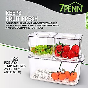 7Penn Produce Storage Containers for Refrigerator 3 Pack with Lids - Stackable Acrylic Fruit and Vegetable Keeper Bins for Fridge - Clear Stay Fresh Cube Produce Saver Set for Lettuce, Berries, Apples