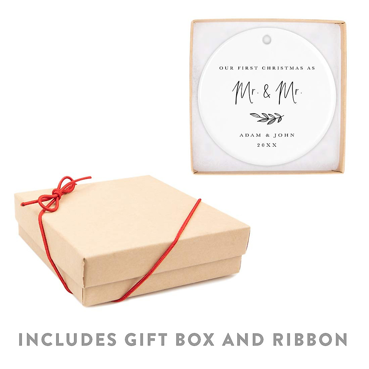 Andaz Press Personalized Gay Couple Wedding Round Ceramic Porcelain Tree Ornament Engagement Keepsake Gift, Our First Christmas As Mr. & Mr, 2024, Antique Handdrawn, 1-Pack Gay Christmas Ornaments