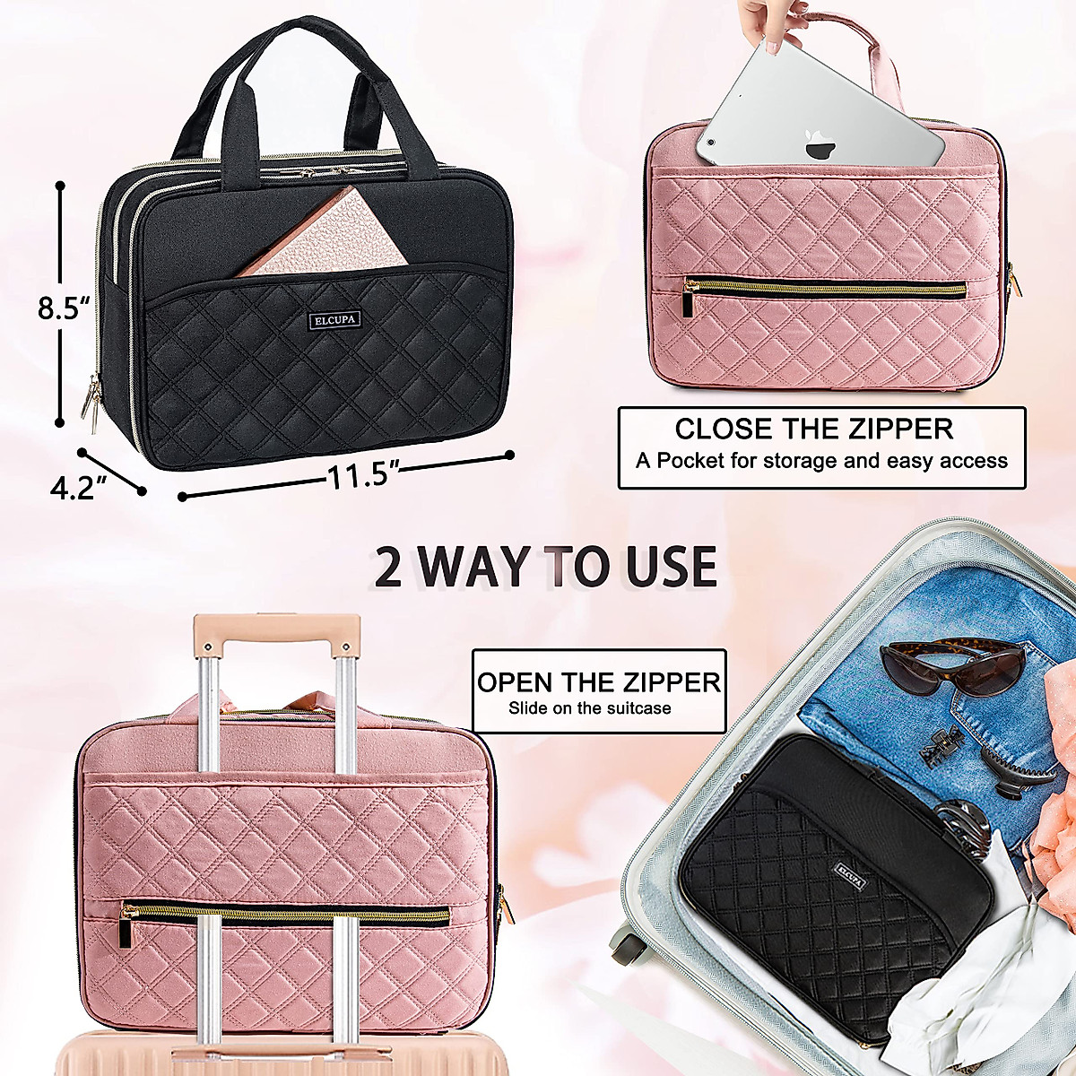 ELCUPA Travel Toiletry Bag, Travel Makeup Bag Organizer, Travel Size Toiletries Bag, Stand Up Cosmetic Bag for Travel Accessories, Full Sized Container, Black