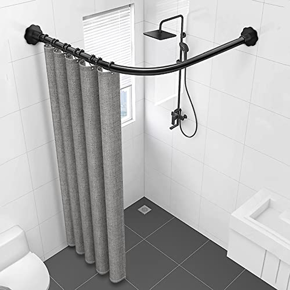 Shower Curtain Rail L Shaped Curved Shower Curtain Rod, For Bathtub, Closet, Doorway, 304 Stainless Steel, Including Fittings, Black (90-130cm/90-130cm)