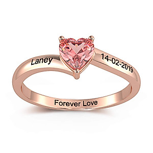 Ashleymade Personalized Promise Rings for Her Heart Simulated Birthstone Rings with Name Couple Rings Engagement Rings Jewelry for Valentines Day (Rose Gold, 9)