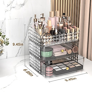 Rosoenvi Makeup Organizer for Vanity, Stackable Cosmetics Organizer and Storage, Cosmetic Display Cases with 2 Drawers and 1 Tray for Makeup Brush, Hair Accessories, Lipstick and Jewelry, Clear