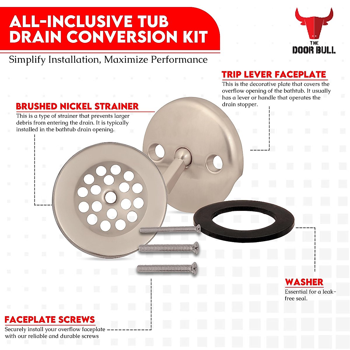 Trip Lever Tub Trim Kit Set with Two Hole Overflow Face Plate, Trip Lever Bathtub Drain with Strainer, Overflow and Matching Screws - Brushed Nickel