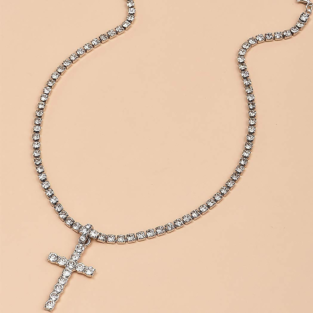 Gangel Silver Vertical Cross Tennis Necklace Glittering Chain Simple Fashion Pendant Exquisite Choker Jewelry with Rhinestone for Women (Pack of 1)