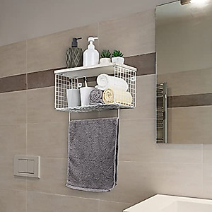 Bathroom Towel Shelf for Wall Bathroom Shelf with Towel Bar 2 Tier Wood Floating Shelves with Towel Rack and 6 Hooks, White
