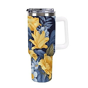LLUTSNTH 40 Oz Vacuum Tumbler with White Handle Leakproof Insulated Tumbler Blue Base Yellow Floral Stainless Steel Travel Mug with Lid And Straw Coffee Cup Cute Water Bottles Cup Holder Friendly