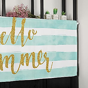 Vograud Valances for Windows, Hello Summer Gold Round Spots on Blue and White Stripes Rod Pocket Kitchen Curtains Valances, Short Window Valances for Living Room Bathroom 42” x 18”