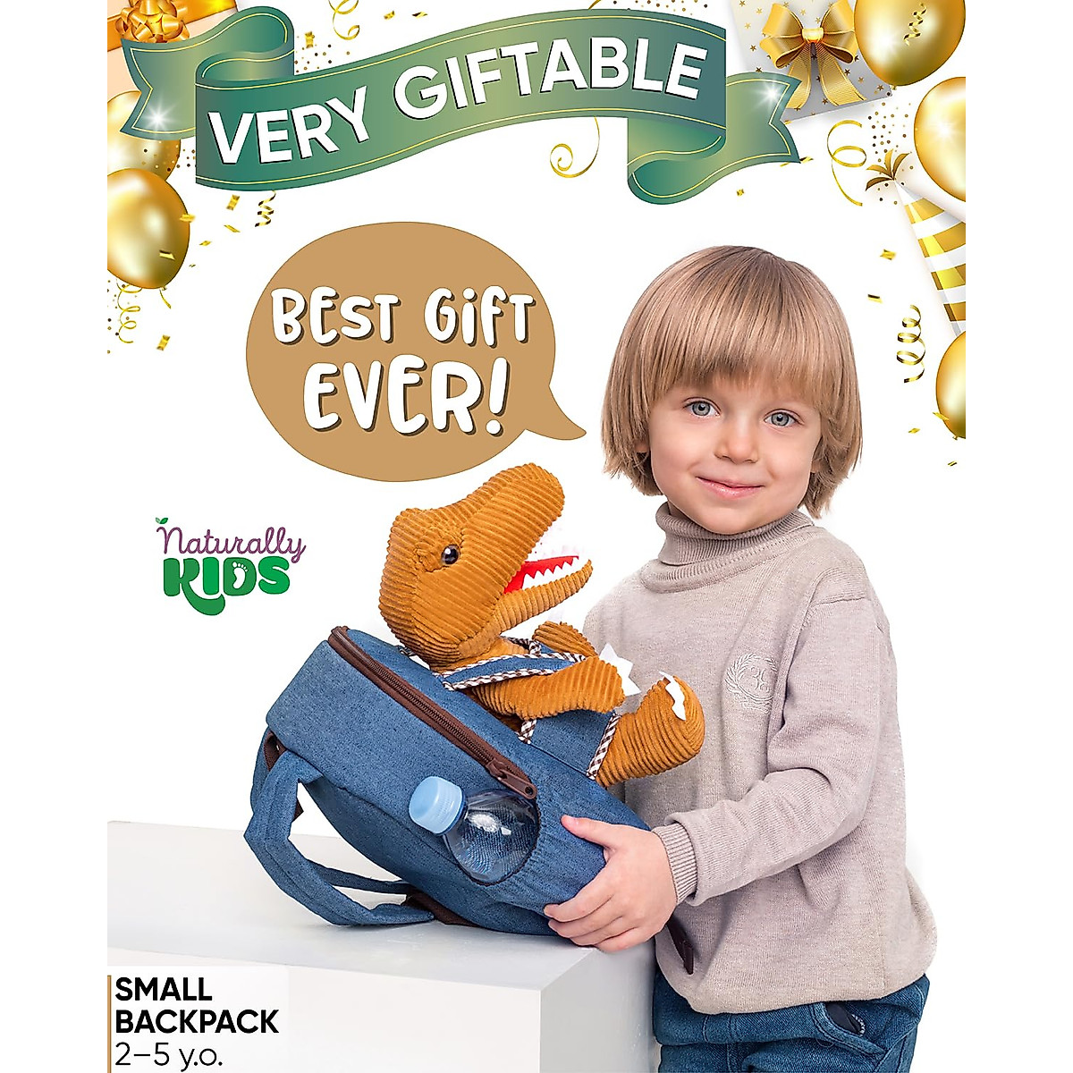 Naturally KIDS Small Dinosaur Backpack - Dinosaur Toys for Kids 3-5 - Toddler Backpack for Boy Girl w Stuffed Animal - Gifts for 3 Year Old Boy - w Pockets & Reflective Logo - Backpack w Brown T Rex