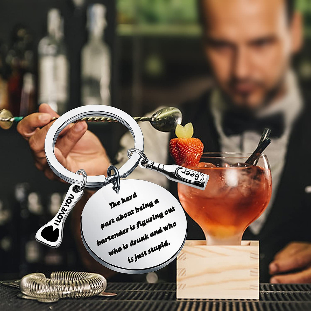 AKTAP Bartender Gift Funny Bartender Keychain Mixologist Gift For Women Men BFF Women Jewelry Waitress Gift (Funny Bartender Keychain)
