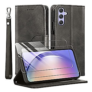 for Samsung Galaxy A54 5G Case and Tempered Glass Screen Protector, PU Leather Flip Cover Wallet Phone Case Protector [Full Protection] [Card Slots] [Kickstand] for Samsung Galaxy A54 5G, Black