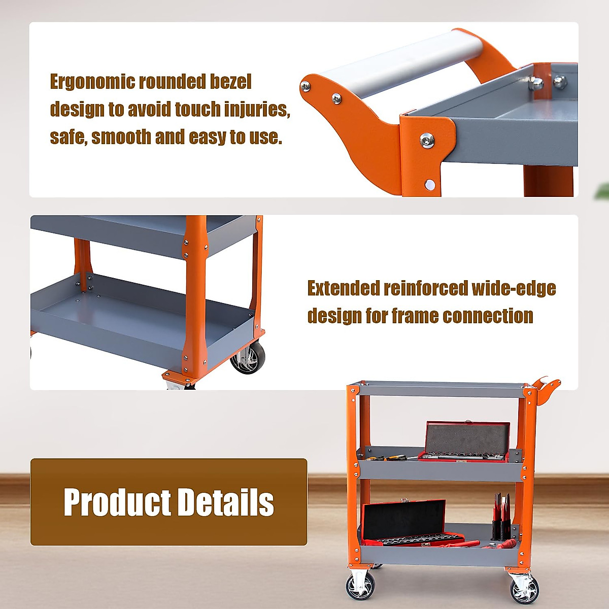 HPDMC 3-Tier Utility Cart 1000lbs Capacity Heavy Duty Metal Service Cart with Wheels, Rolling Tool Cart on Wheels, Garage Tool Push Cart for Mechanic, Garage, Workshop, Warehouse, Office