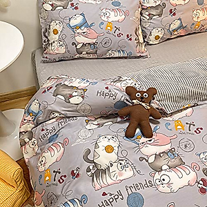 Animal Print Duvet Cover, 3 Pieces 100% Cotton Cat Bedding Set, Pink Gray Blue Cartoon Lovely Cat Pet Pattern Duvet Cover, with Zipper Ties, Luxury Ultra Soft Extremely Durable (Cat, Queen)