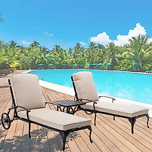 Luccalily Chaise Lounge Outdoor Chair with Side Table, Adjustable Reclining Rust-Resistant Aluminum Cast Poolside Chaise with Convenient Wheels, Outdoor Lounge Furniture Set of 3, (Beige)