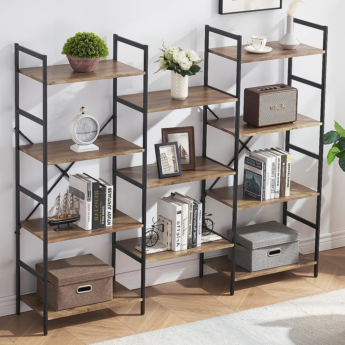 LIFUSTTG Triple Wide 4 Tier Bookshelf, Large Etagere Bookshelves and Bookcase Wood Metal, Industrial Book Shelf Open Display Storage Shelves for Living Room/Home Office