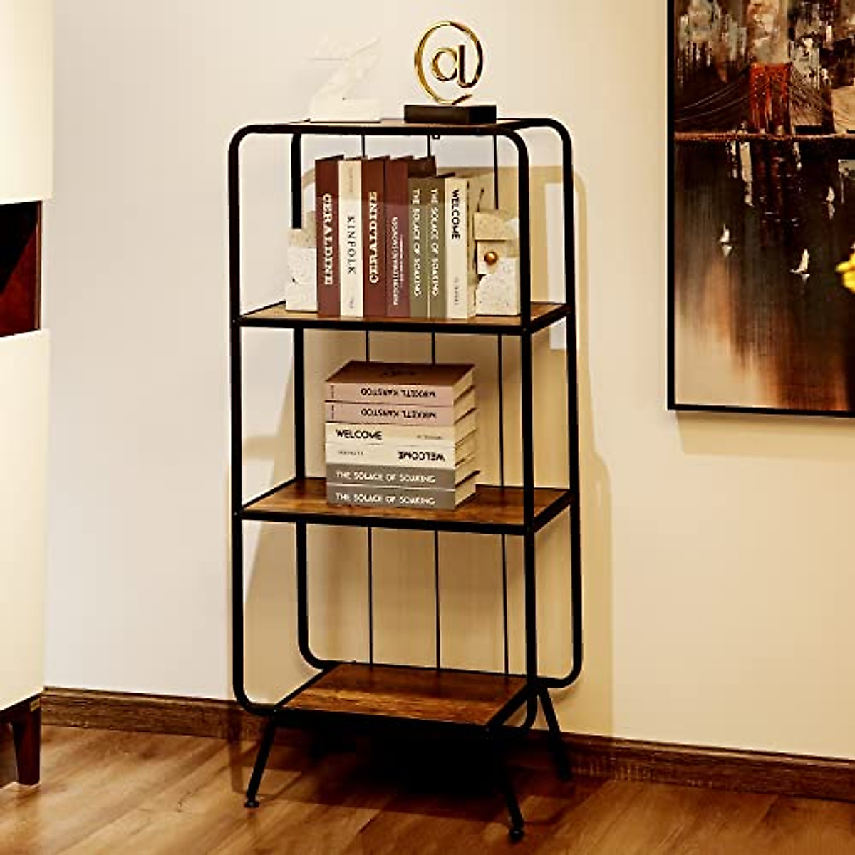 4-Tier Bookshelf, Modern Wooden Bookcase with Metal Frame, Vertical Standing Shelf for Bedroom, Living Room and Home Office, Storage Rack, Display Shelf for Plant, Book and Craft, Rustic Brown