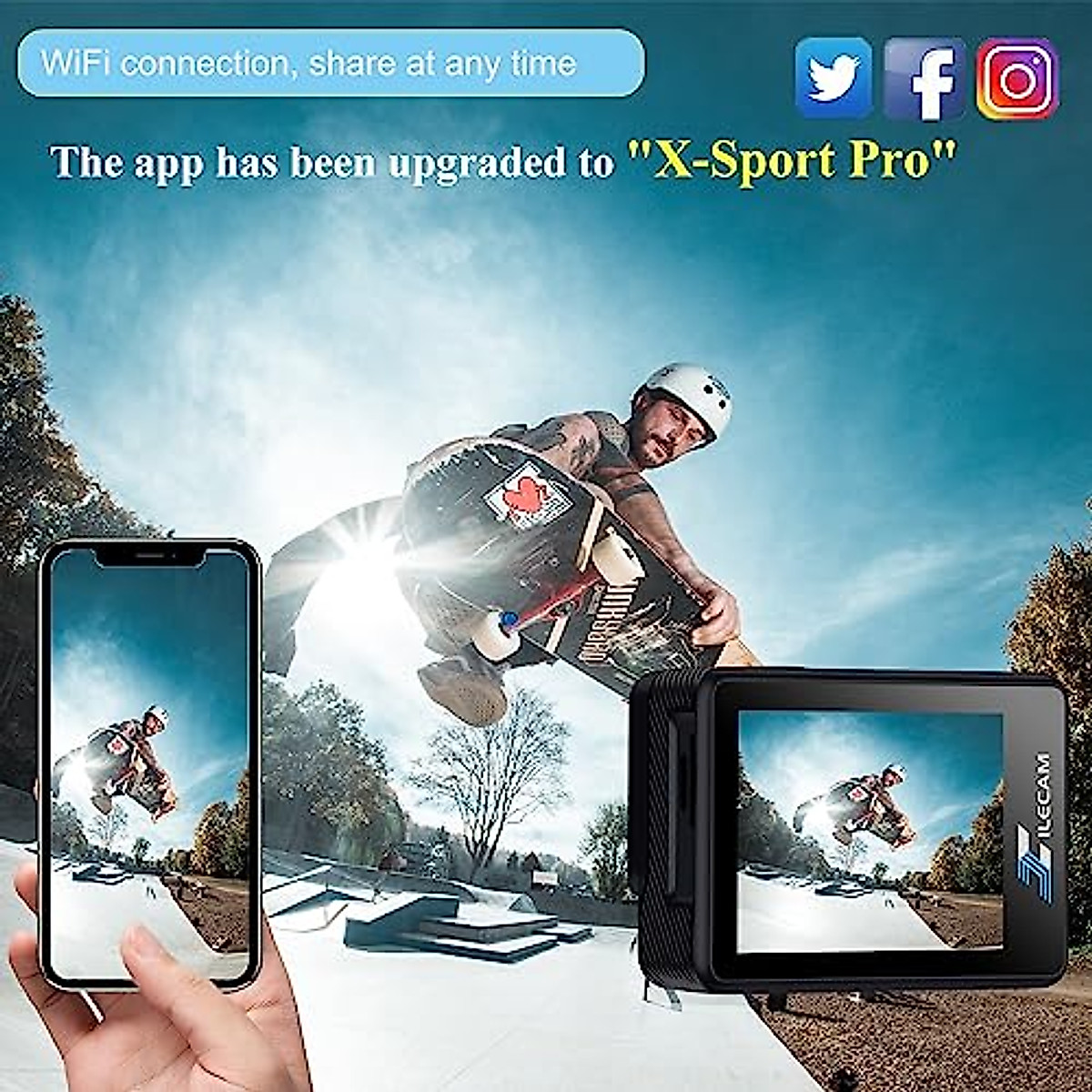 Xile Action Camera 4K WiFi Waterproof Camera 4*Zoom Dual Screen 131FT(40m) Waterproof Underwater Camera with 2X 1350mAh Batteries and Multifunctional Accessories Package Action Camera (4K+Dual Screen)