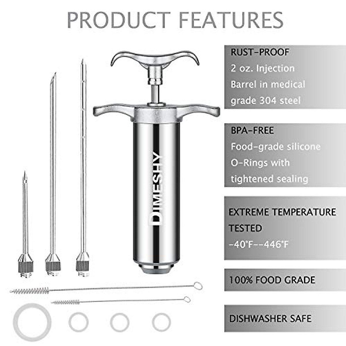 Heavy duty 304 Stainless Steel Meat Injector Kit with 2-oz Large Capacity Barrel with 3 commercial Marinade Needles