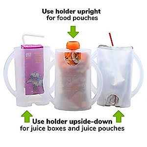 Original Squeeze Proof Flipping Holder 2-Pack with Open Bottom for Food Pouches & Juice Boxes - Multipurpose - Prevent Messes & Support Self-Feeding - Easy Grasping Handles - Made in USA