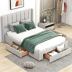 Morhome Upholstered Queen Size Platform Bed Frame with 3 Storage Drawers and Headboard, Button Tufted Mattress Foundation Wooden Slats Support, No Box Spring Needed