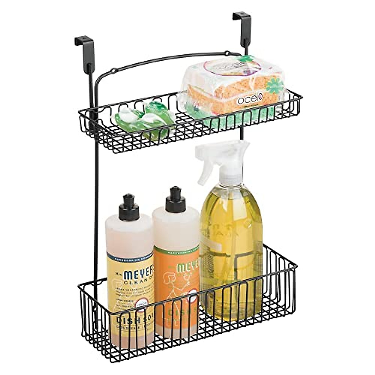 mDesign Steel Over Cabinet Kitchen Storage Organizer Holder or Basket - Hang Over Cabinet Doors in Kitchen, Pantry, Bathroom - Holds Dish Soap, Window Cleaner - Concerto Collection - Matte Black