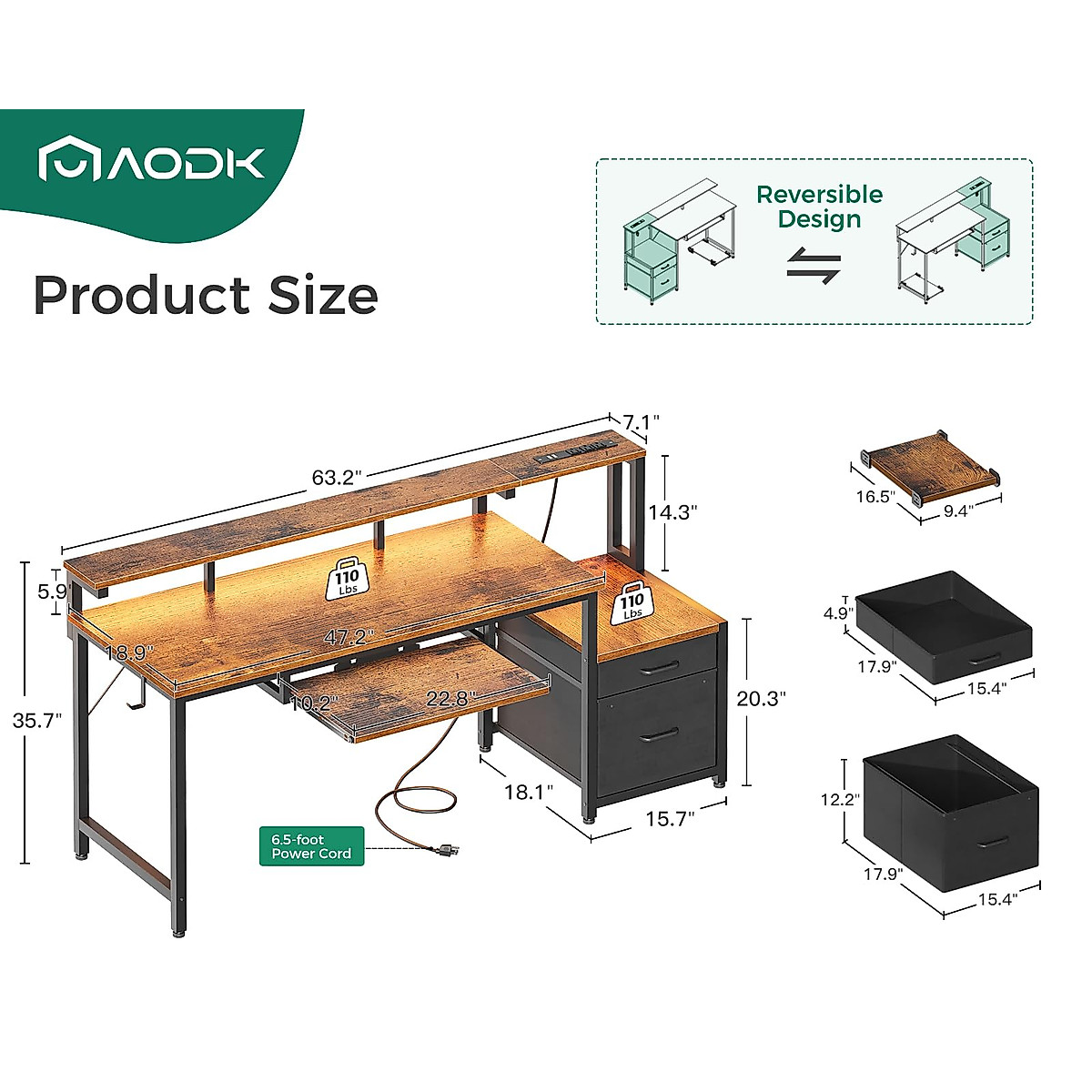 AODK 63-Inch Computer Desk with Power Outlet & LED Light, Reversible Office Desk with File Cabinet and Drawer, Gaming Desk with Keyboard Tray, Study Table with Full Monitor Riser and PC Stand, Vintage