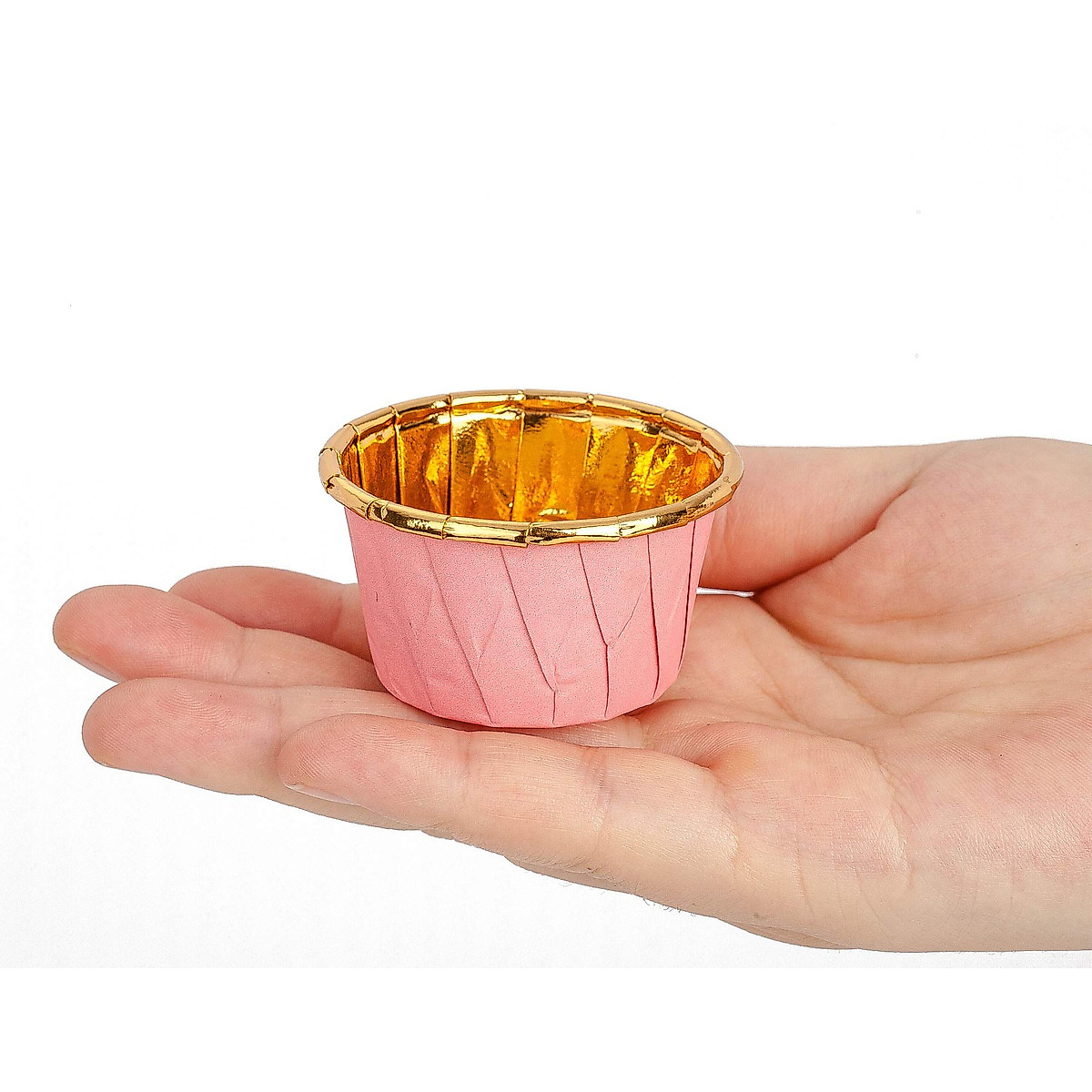 GOLDEN APPLE, Aluminum Foil Paper Mini Cake Baking Cups 50 Pack, Muffin Cupcake Baking Mold Cup Liners Baking Cups for Party Wedding Festival, cupcake liners, Small Pink in Gold