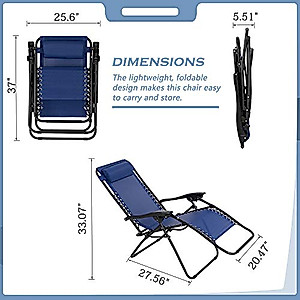 Shintenchi Patio Zero Gravity Recliner Lounge Chair, Outdoor Folding Beach Chair Recliner, Adjustable Long Chair w/ Cup Holder and Headrest, Set of 2 for Yard Garden Deck Poolside Camp, Dark Blue