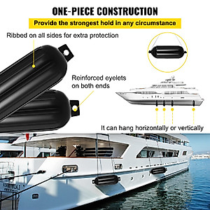 VEVOR Mophorn Ribbed Twin Eyes Boat Fender Black Boat Fender Bumper Pack of 4 and Pump to Inflate (Black, 8 x 27 inches)