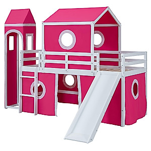 Full Size House Loft Bed Kids Loft Beds with Slide, Tent and Tower, Solid Wood Loft Bed with Small Pinnacle for Kids Girls Boys Teens (Pink)