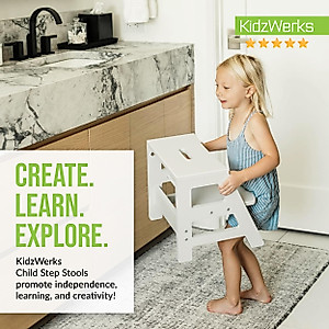 KidzWerks Kids Step Stool for Toddlers Bathroom Kitchen Potty Wooden Children’s Stepping Standing 2-Step Ladder, Grey