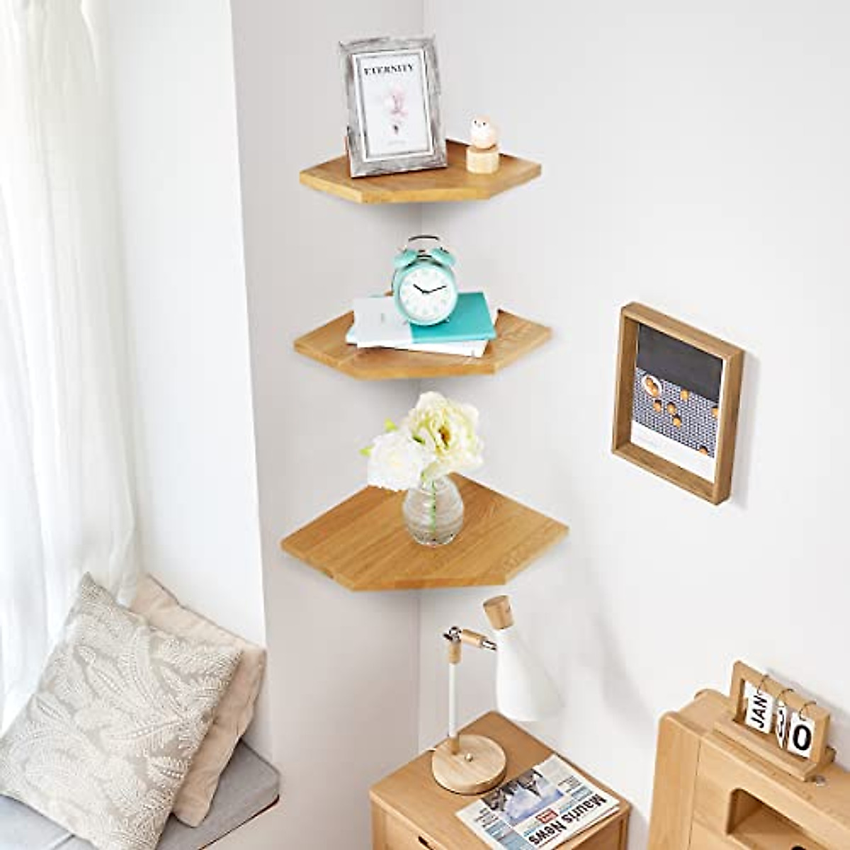 Corner Shelf Floating, Solid Oak Wood Corner Wall Shelf with Wire Hole for Cable, Small Plant Hanging Display Corner Shelf Wall Mount for Bedroom Living Room Kitchen