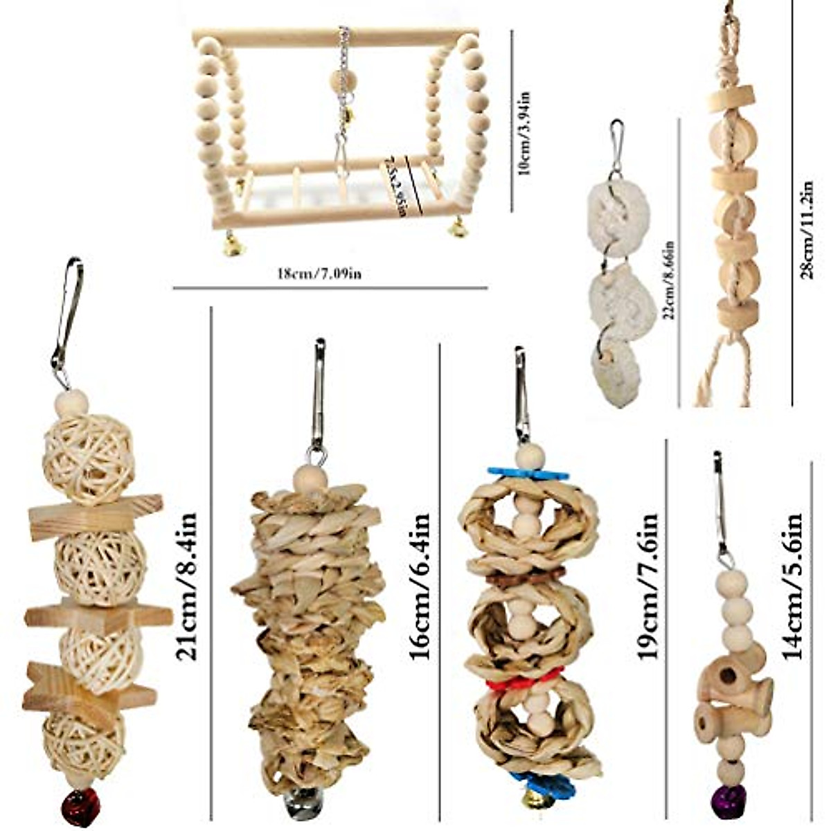 N / A 7/8 pcs Bird Toys, Parrot Natural Wood Hanging Swing Standing Climbing Chewing Perch Hammock Rope Ladder Bell Bird Cage Toys for Parrots, Love Birds, Parakeet, Mynah, Conure, Cockatiel