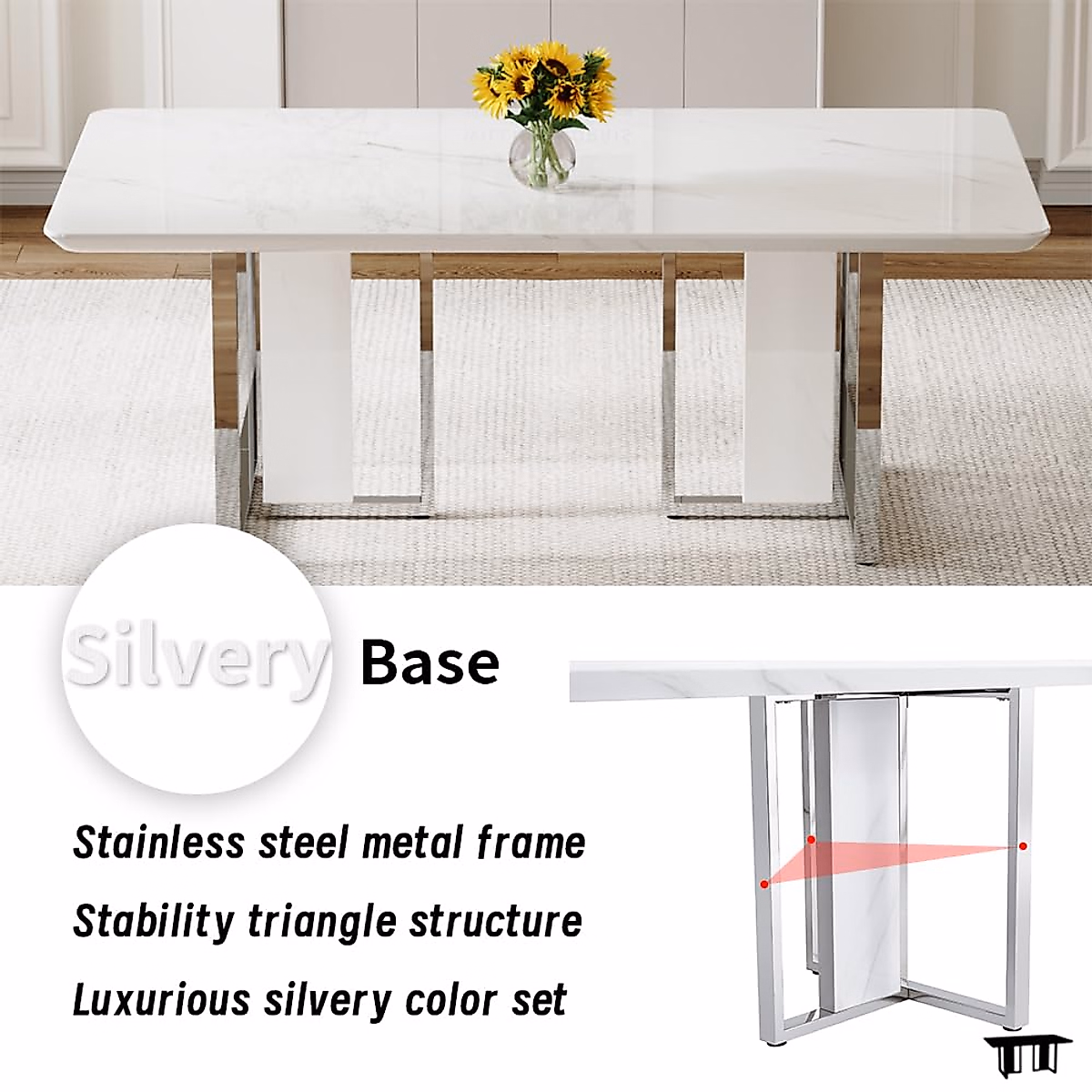 Dining Table Set for 6,White Glossy Kitchen Table and Chairs,67" Marble Decals Kitchen Table Set 6 with PU Leather Dining Chairs,1.57" Thick MDF Wood Board Top with Chrome Plate Sliver Metal Base