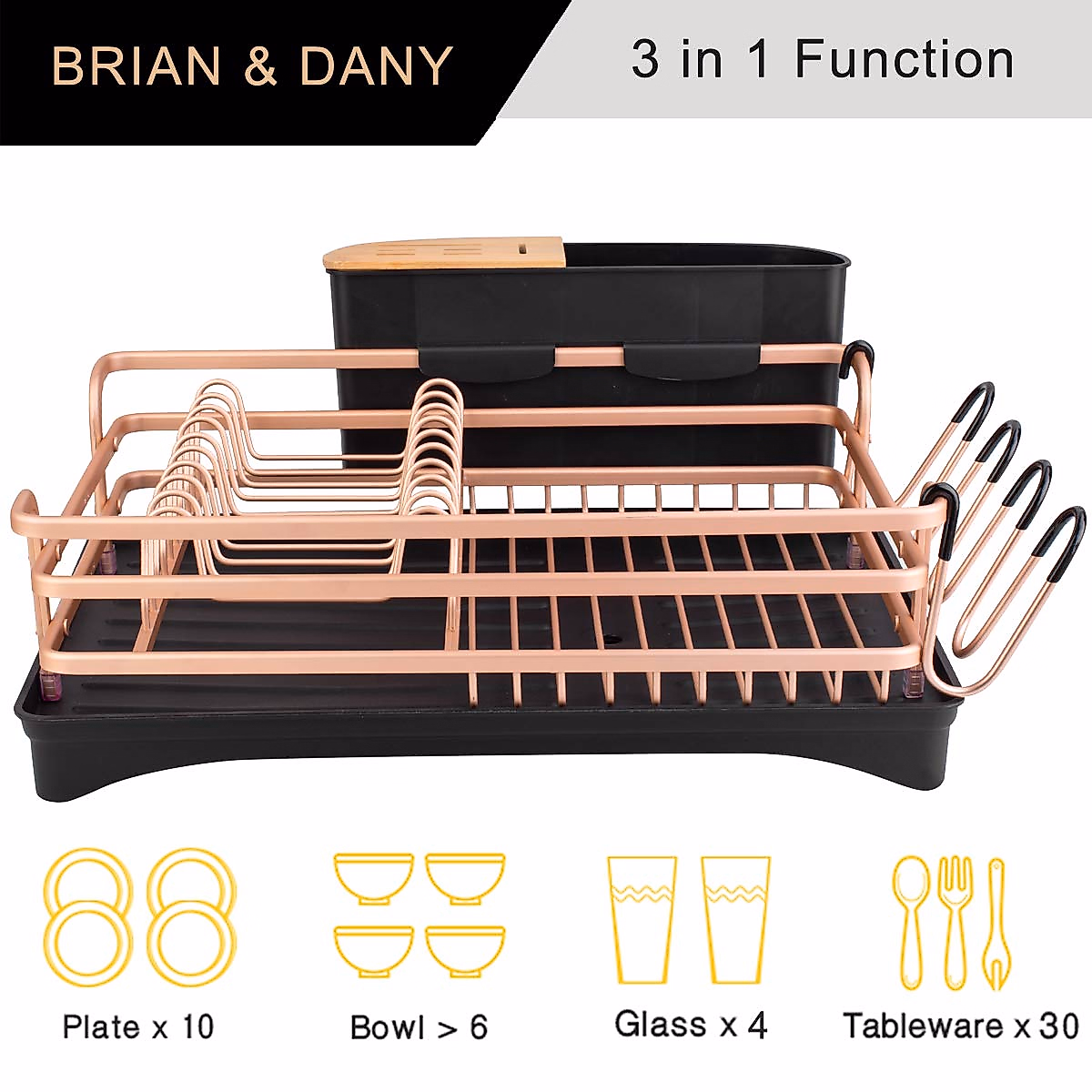 BRIAN & DANY Aluminum Dish Drainer, Dish Drying Rack with Removable Cutlery Holder & Cup Holder, Unique 360° Swivel Spout Drain Board, Golden