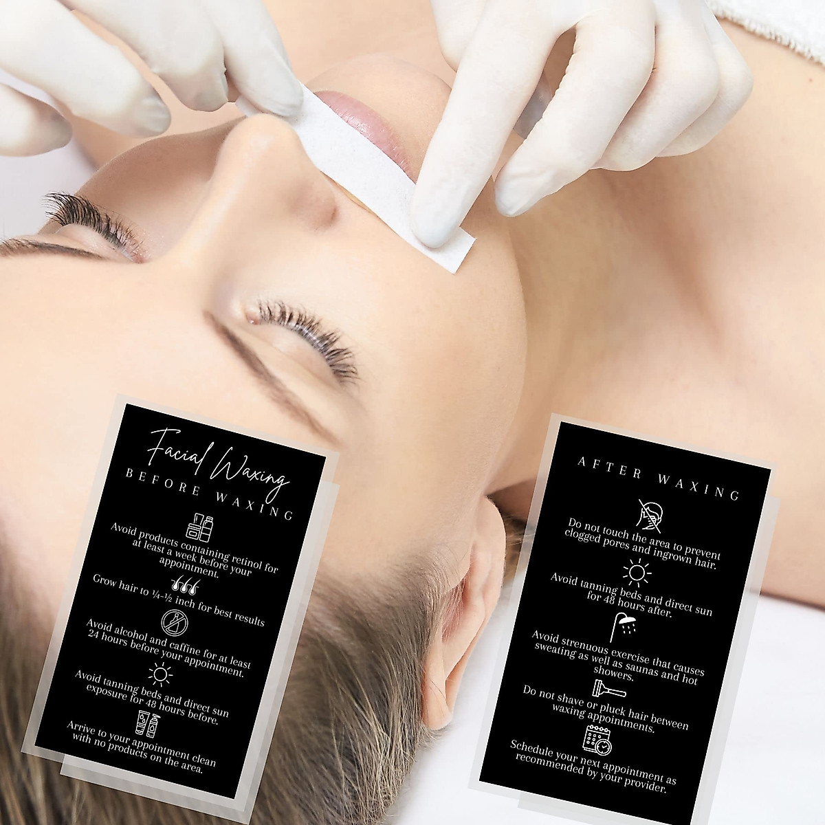 Facial Waxing Before & After Instruction Card | 50 Pack | 2x3.5” in Business Card | Waxing Supplies | Facial Waxing Instructions Cards for Estheticians Using Hard or Soft Wax | Black and White Design