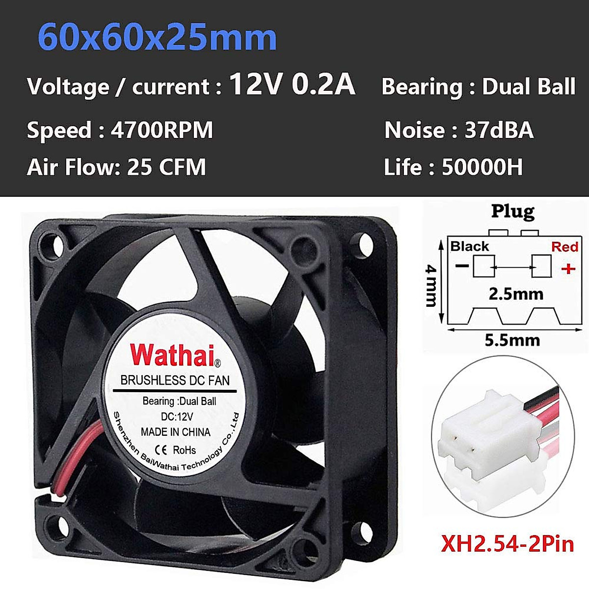 Wathai 60mm x 60mm x 25mm 12V 2P Dual Ball DC Case Fan Brushless Cooling Fan