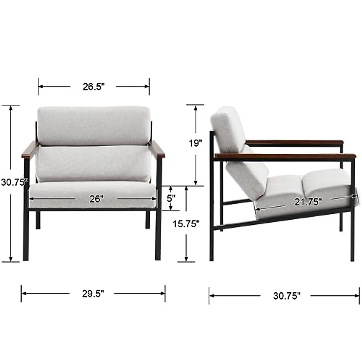 EALSON Mid Century Modern Accent Chair Comfy Armchair with Metal Frame Linen Upholstered Lounge Chair Single Sofa Chair with Wood Armrest for Living Room/Bedroom/Reception Room, Grey