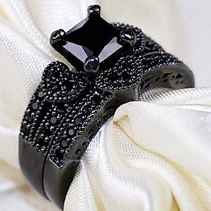 Couple Ring Bridal Sets His and Hers Women Black Gold Filled Square CZ Men Titanium Band Wedding Ring Band Set