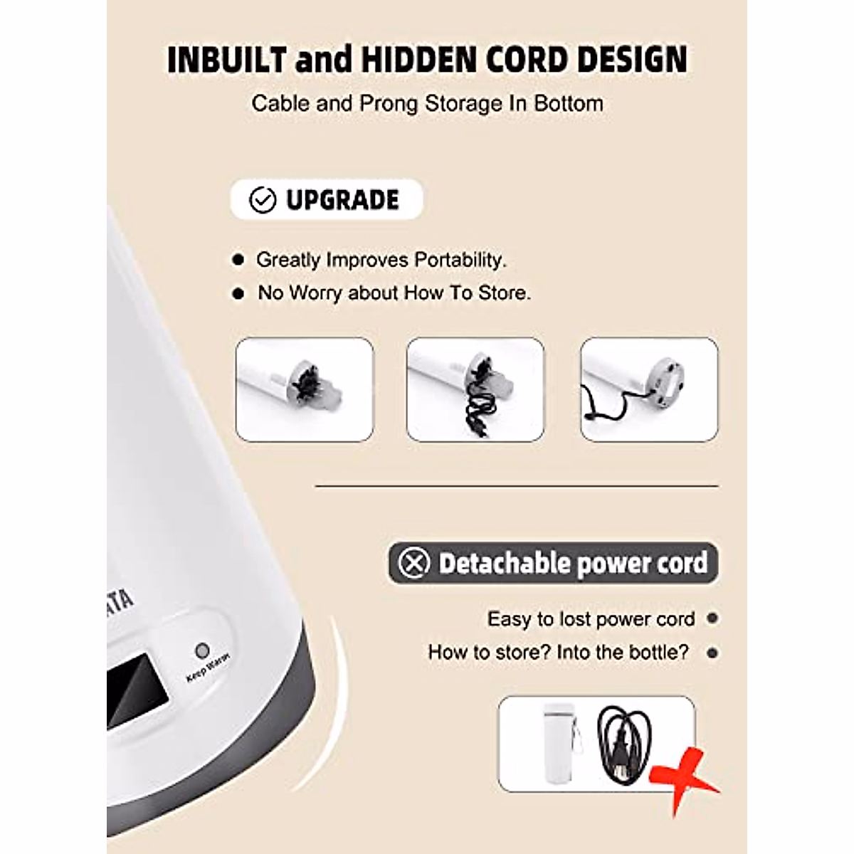 Portable Electric Kettle, Inbuilt ＆ Hidden Cord Upgrade, Travel Electric Water Boiler w/ Current Display, 8 Preset TEMP, Small Capacity Instant Brewing for Tea, Coffee, Milk, On The Go (11.8 Oz)