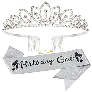 Vovii Birthday Girl Sash and Tiara Set Birthday Gifts for Women Birthday Rhinestone Silver Crown and Girls for Prom Cosplay Photography Halloween Birthday Party