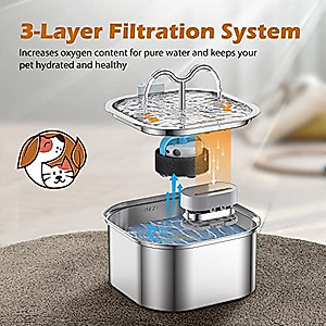 DOOOB Cat Water Fountain,3.2L/108OZ Square Stainless Steel Pet Water Dispenser Metal Dog Drinking Fountains Water Bowl with 3 Replacement Filters Ultra-Quiet Pump and Waterproof Food Mats