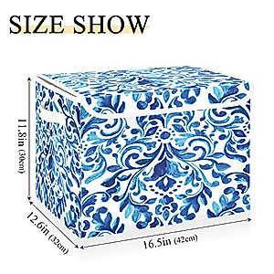 Vnurnrn Collapsible Storage Bins with Lids, Hand Drawn Blue Floral Foldable Storage Boxes, Storage Box Cube with Lid for Clothes,Bedroom,Toys,16.5x12.6x11.8 Inch