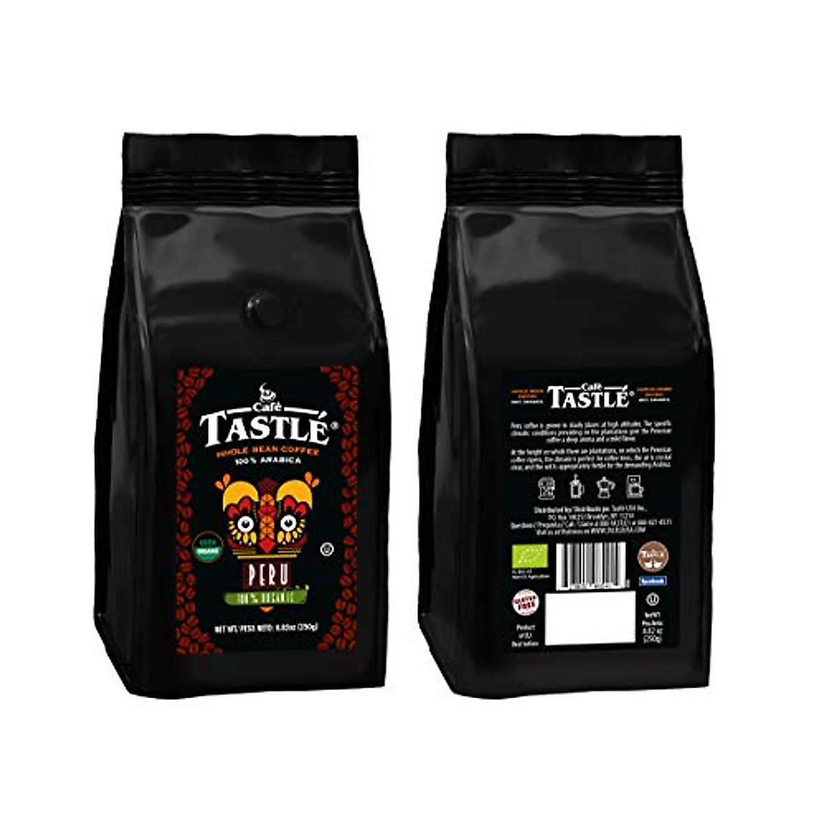 Cafe Tastle Ethiopia Colombia Brazil Honduras Peru Medium-Dark Roast 100% Arabica Whole Bean Coffee, 8.82 oz (Pack of 5)