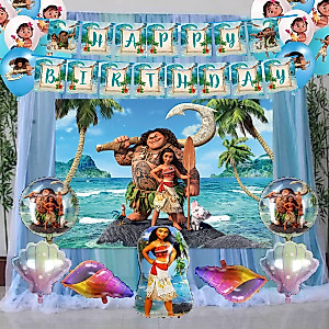 Moana Birthday Party Supplies, Birthday Party Decorations Including Banner Balloons Cupcake Toppers Tablecloth Tableware Background for Moana Theme Party Decorations