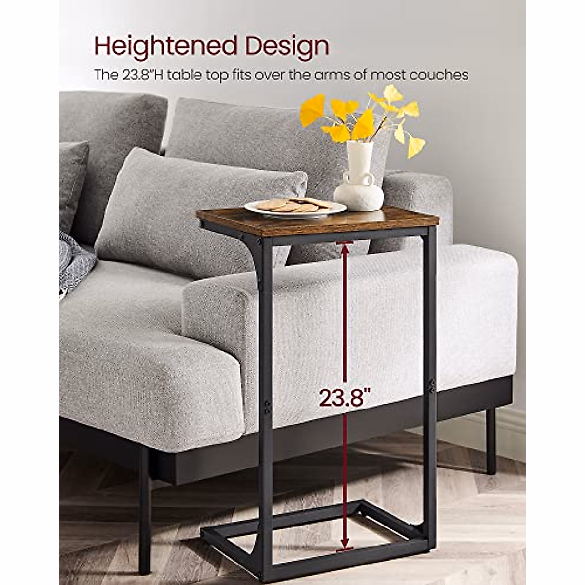 VASAGLE C-Shaped End Table, Side Table for Sofa, Couch Table with Metal Frame, Small TV Tray Table for Living Room, Bedroom, Rustic Brown and Black