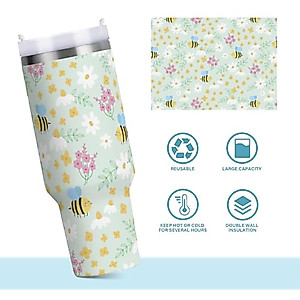 CIJEMAPW Cute Bees Among Flowers Insulated Tumblers Cartoon 30 oz Water Bottles Travel Mug with Handle and Straw Lid Leakproof School Work Outdoor for Women & Men